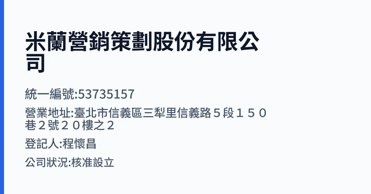 米蘭營銷策劃股份有限公司 - 統編 53735157(臺北市) 公司登記資料與營業項目詳細圖表