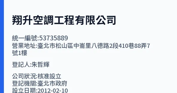 翔升空調工程有限公司的照片-統編 53735889(臺北市) 公司登記資料與營業項目詳細圖表
