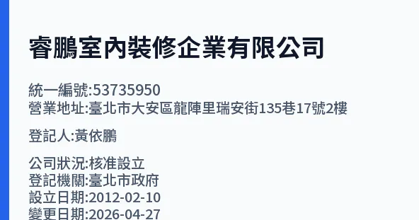 睿鵬室內裝修企業有限公司的照片-統編 53735950(臺北市) 公司登記資料與營業項目詳細圖表
