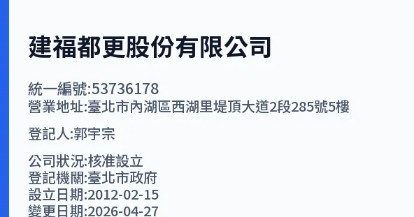 建福都更股份有限公司的照片-統編 53736178(臺北市) 公司登記資料與營業項目詳細圖表