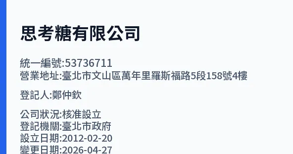 思考糖有限公司的照片-統編 53736711(臺北市) 公司登記資料與營業項目詳細圖表