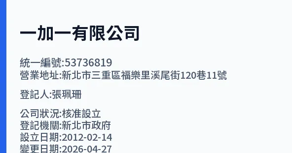 一加一有限公司的照片-統編 53736819(新北市) 公司登記資料與營業項目詳細圖表