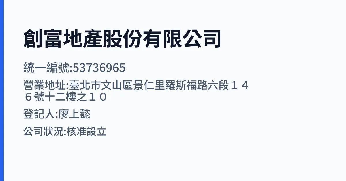 創富地產股份有限公司 - 統編 53736965(臺北市) 公司登記資料與營業項目詳細圖表