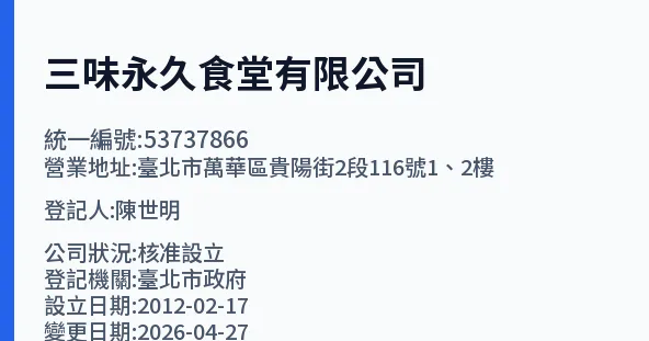 三味永久食堂有限公司的照片-統編 53737866(臺北市) 公司登記資料與營業項目詳細圖表