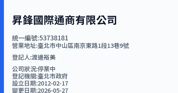 昇鋒國際通商有限公司的照片-統編 53738181(臺北市) 公司登記資料與營業項目詳細圖表