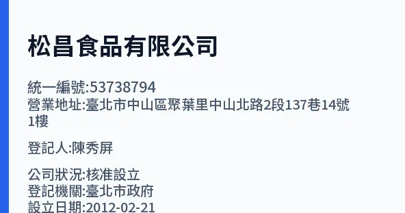 松昌食品有限公司的照片-統編 53738794(臺北市) 公司登記資料與營業項目詳細圖表