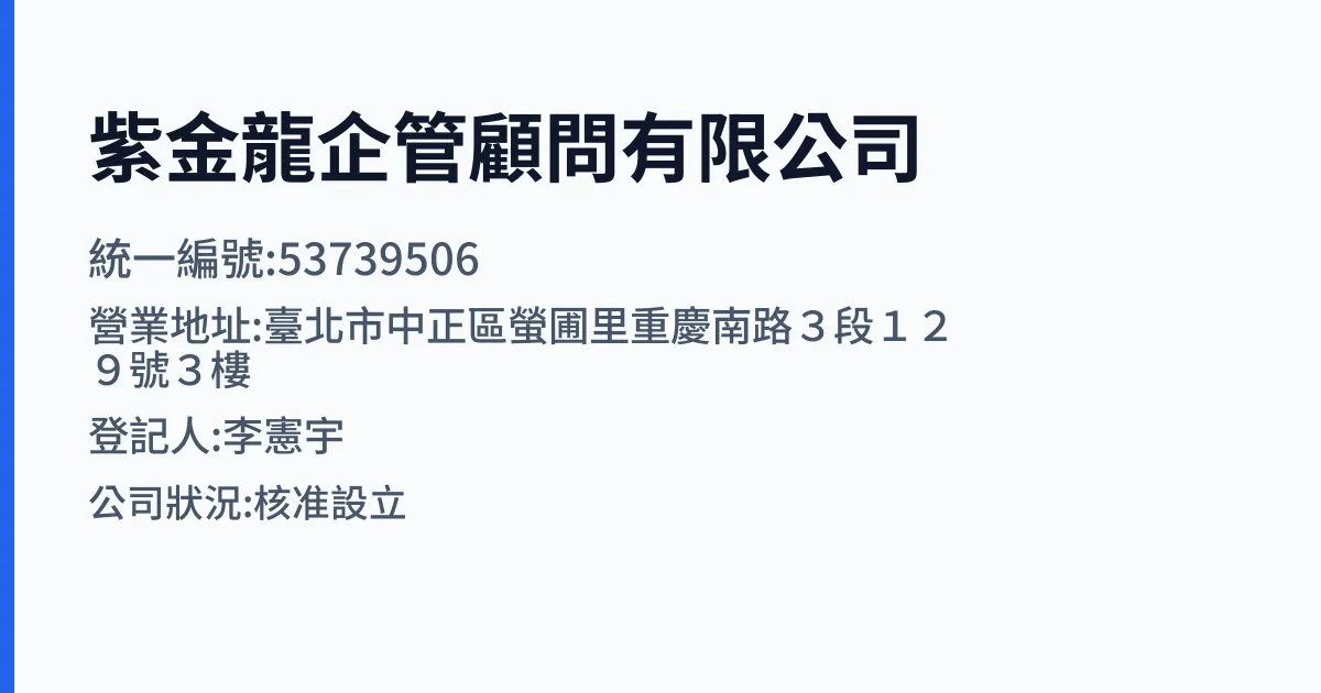 紫金龍企管顧問有限公司 - 統編 53739506(臺北市) 公司登記資料與營業項目詳細圖表