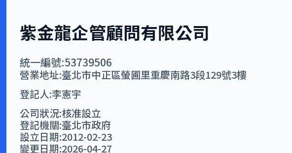 紫金龍企管顧問有限公司的照片-統編 53739506(臺北市) 公司登記資料與營業項目詳細圖表