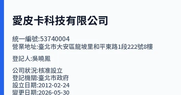 愛皮卡科技有限公司的照片-統編 53740004(臺北市) 公司登記資料與營業項目詳細圖表