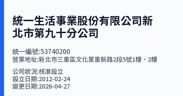 統一生活事業股份有限公司新北市第九十分公司的照片-統編 53740200(新北市) 公司登記資料與營業項目詳細圖表