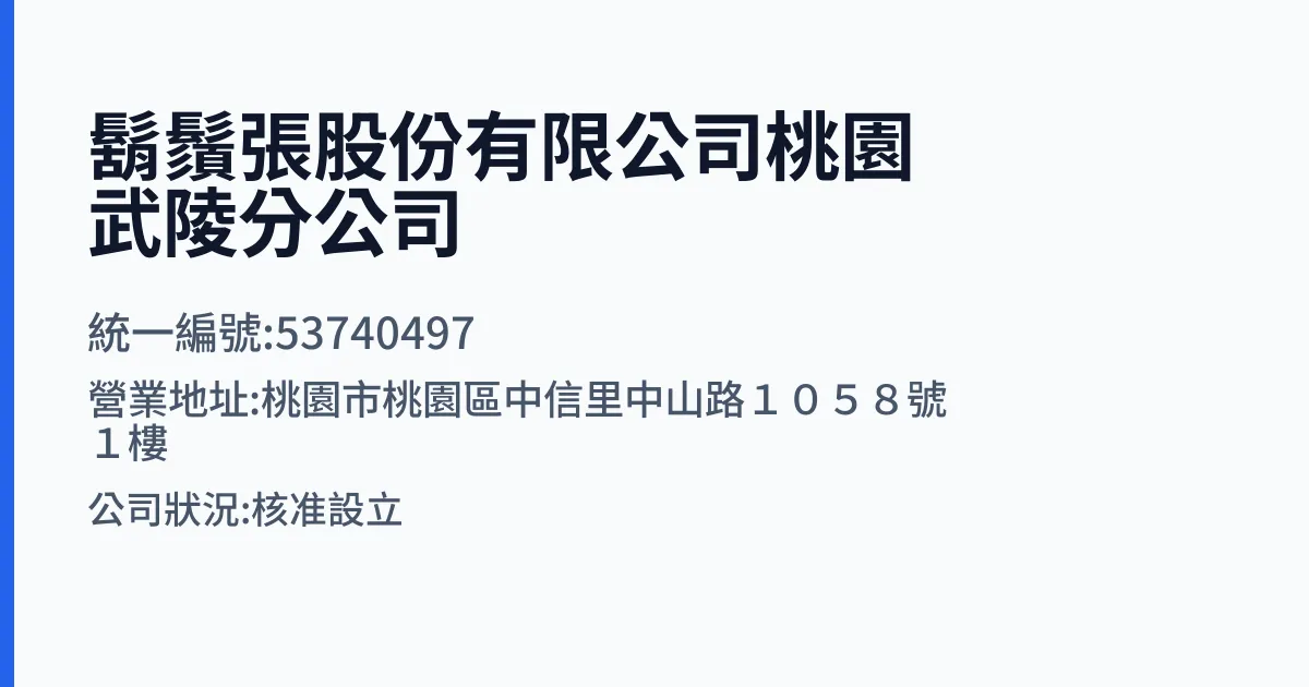 鬍鬚張股份有限公司桃園武陵分公司 - 統編 53740497(桃園市) 公司登記資料與營業項目詳細圖表
