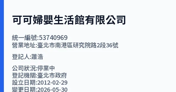 可可婦嬰生活館有限公司的照片-統編 53740969(臺北市) 公司登記資料與營業項目詳細圖表