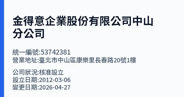 金得意企業股份有限公司中山分公司的照片-統編 53742381(臺北市) 公司登記資料與營業項目詳細圖表