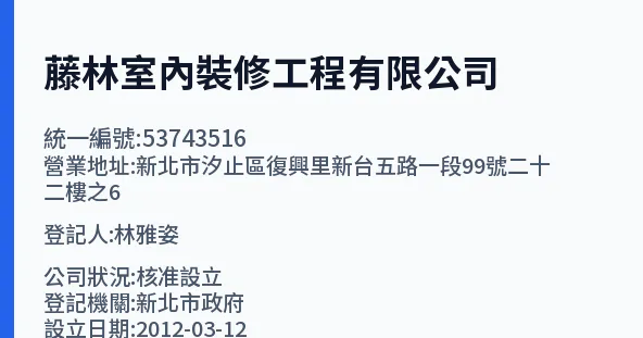 藤林室內裝修工程有限公司的照片-統編 53743516(新北市) 公司登記資料與營業項目詳細圖表