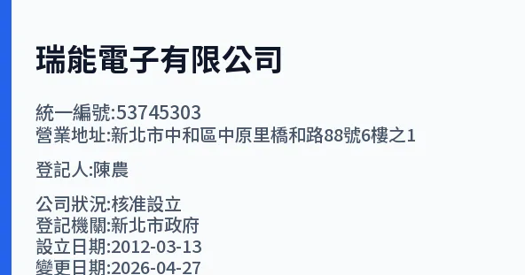 瑞能電子有限公司的照片-統編 53745303(新北市) 公司登記資料與營業項目詳細圖表