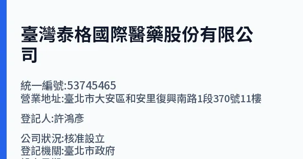 臺灣泰格國際醫藥股份有限公司的照片-統編 53745465(臺北市) 公司登記資料與營業項目詳細圖表