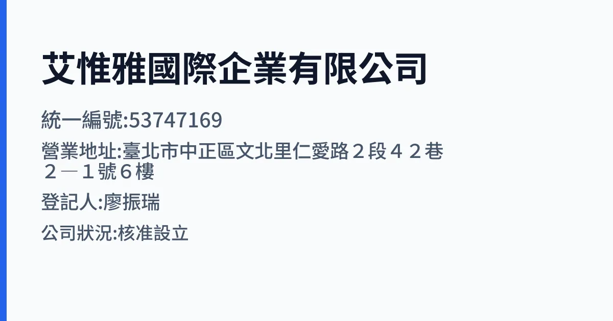 艾惟雅國際企業有限公司 - 統編 53747169(臺北市) 公司登記資料與營業項目詳細圖表