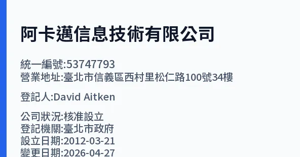 阿卡邁信息技術有限公司的照片-統編 53747793(臺北市) 公司登記資料與營業項目詳細圖表