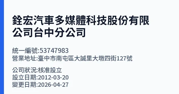 銓宏汽車多媒體科技股份有限公司台中分公司的照片-統編 53747983(臺中市) 公司登記資料與營業項目詳細圖表
