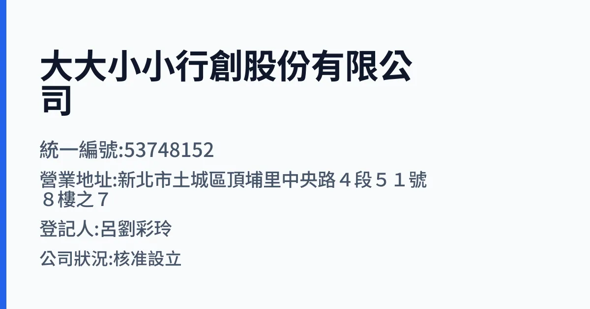 大大小小行創股份有限公司 - 統編 53748152(臺北市) 公司登記資料與營業項目詳細圖表