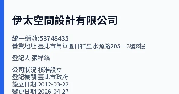 伊太空間設計有限公司的照片-統編 53748435(臺北市) 公司登記資料與營業項目詳細圖表
