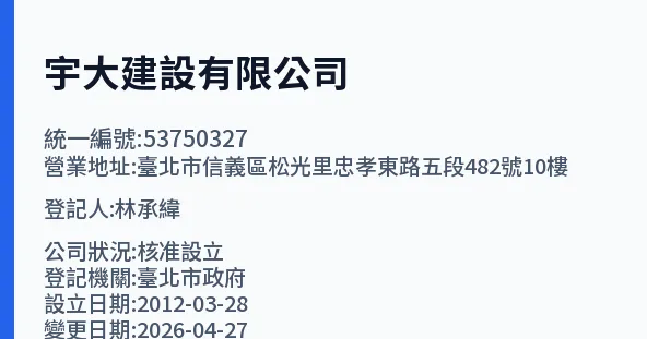 宇大建設有限公司的照片-統編 53750327(臺北市) 公司登記資料與營業項目詳細圖表