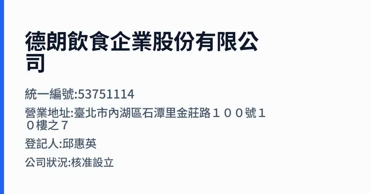 德朗飲食企業股份有限公司 - 統編 53751114(臺北市) 公司登記資料與營業項目詳細圖表