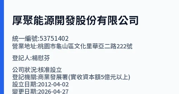 厚聚能源開發股份有限公司的照片-統編 53751402(桃園市) 公司登記資料與營業項目詳細圖表