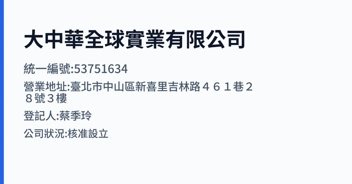 大中華全球實業有限公司 - 統編 53751634（臺北市） 公司登記資料與營業項目詳細圖表
