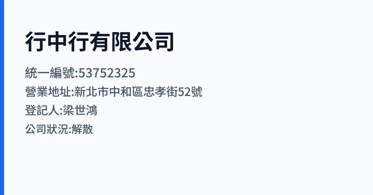 行中行有限公司 - 統編 53752325(新北市) 公司登記資料與營業項目詳細圖表