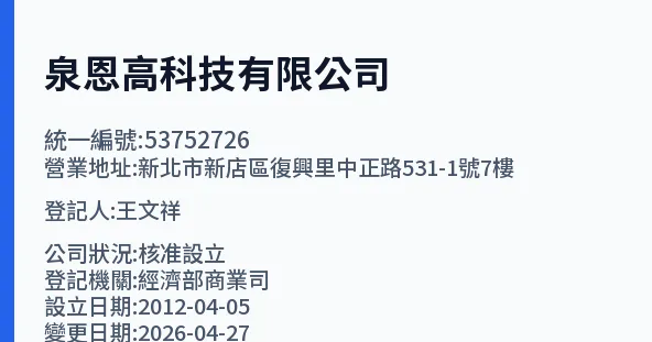 泉恩高科技有限公司的照片-統編 53752726(新北市) 公司登記資料與營業項目詳細圖表