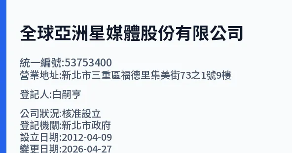 全球亞洲星媒體股份有限公司的照片-統編 53753400(新北市) 公司登記資料與營業項目詳細圖表