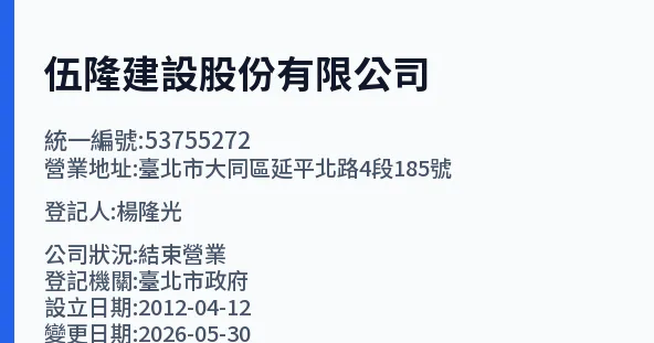 伍隆建設股份有限公司的照片-統編 53755272(臺北市) 公司登記資料與營業項目詳細圖表