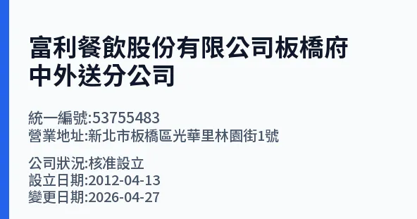 富利餐飲股份有限公司板橋府中外送分公司的照片-統編 53755483(新北市) 公司登記資料與營業項目詳細圖表