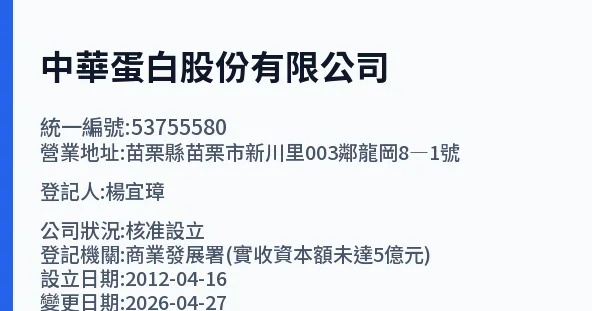 中華蛋白股份有限公司的照片-統編 53755580(苗栗縣) 公司登記資料與營業項目詳細圖表
