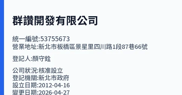 群讚開發有限公司的照片-統編 53755673(新北市) 公司登記資料與營業項目詳細圖表