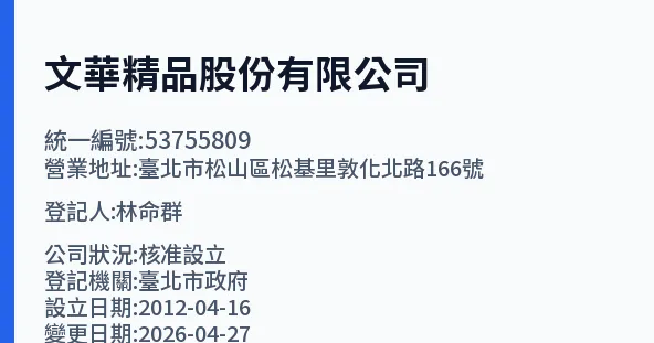 文華精品股份有限公司的照片-統編 53755809(臺北市) 公司登記資料與營業項目詳細圖表