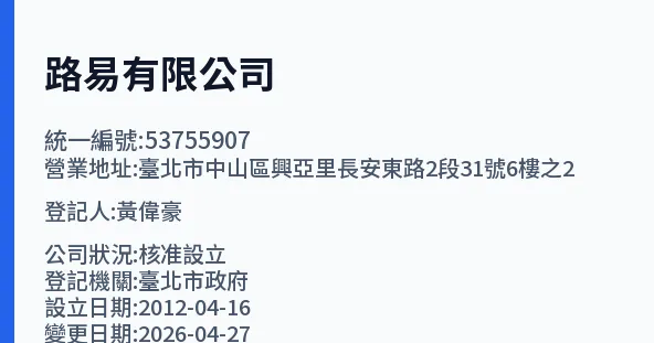 路易有限公司的照片-統編 53755907(臺北市) 公司登記資料與營業項目詳細圖表