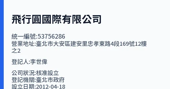 飛行圓國際有限公司的照片-統編 53756286(臺北市) 公司登記資料與營業項目詳細圖表