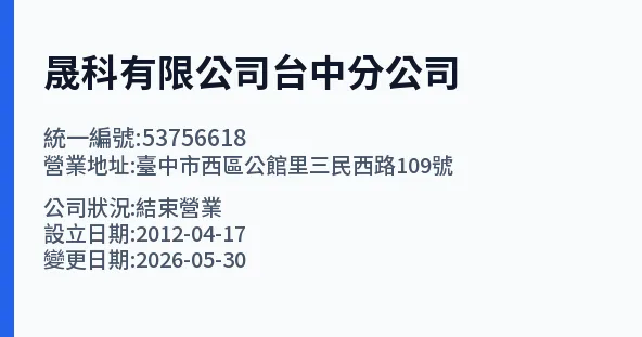 晟科有限公司台中分公司的照片-統編 53756618(臺中市) 公司登記資料與營業項目詳細圖表