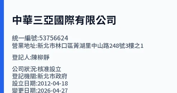 中華三亞國際有限公司的照片-統編 53756624(新北市) 公司登記資料與營業項目詳細圖表