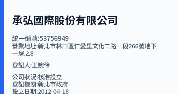 承弘國際股份有限公司的照片-統編 53756949(新北市) 公司登記資料與營業項目詳細圖表