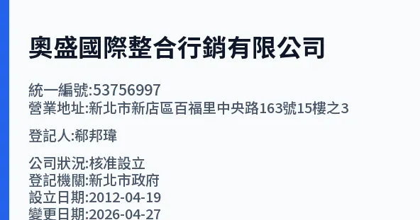 奧盛國際整合行銷有限公司的照片-統編 53756997(新北市) 公司登記資料與營業項目詳細圖表