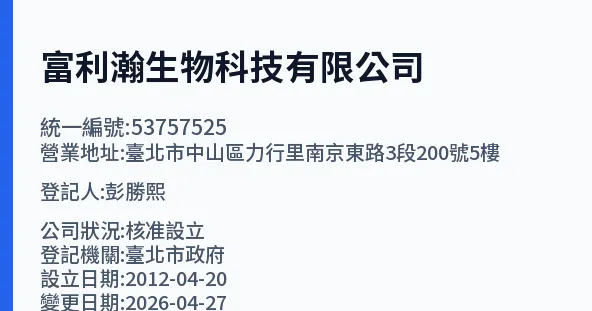 富利瀚生物科技有限公司的照片-統編 53757525(臺北市) 公司登記資料與營業項目詳細圖表