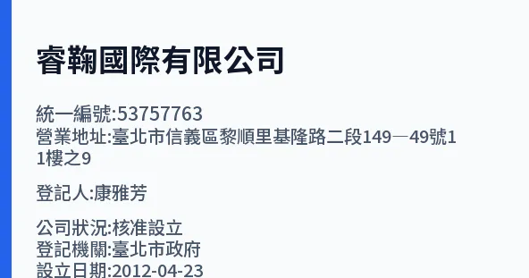 睿鞠國際有限公司的照片-統編 53757763(臺北市) 公司登記資料與營業項目詳細圖表