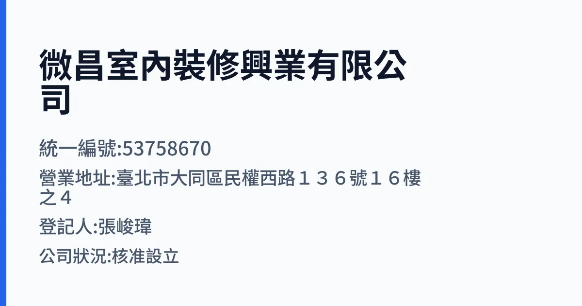 微昌室內裝修興業有限公司 - 統編 53758670(臺北市) 公司登記資料與營業項目詳細圖表