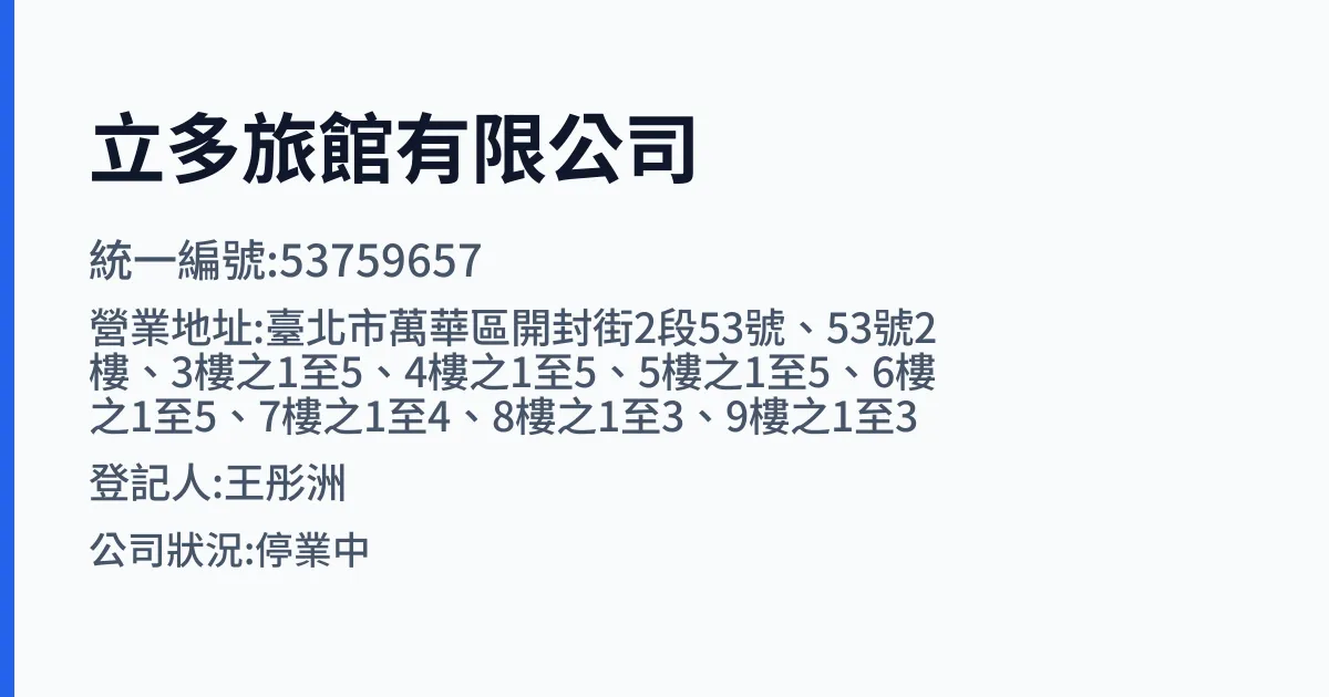 立多旅館有限公司 - 統編 53759657(臺北市) 公司登記資料與營業項目詳細圖表