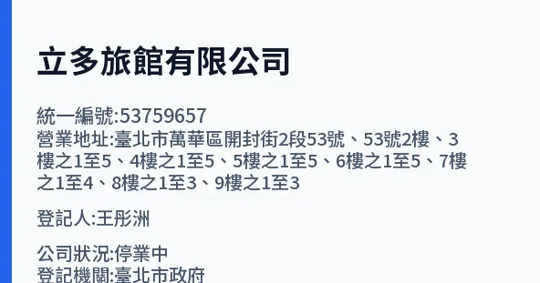 立多旅館有限公司的照片-統編 53759657(臺北市) 公司登記資料與營業項目詳細圖表