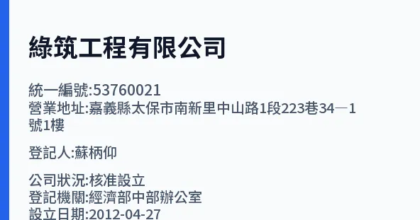 綠筑工程有限公司的照片-統編 53760021(嘉義縣) 公司登記資料與營業項目詳細圖表