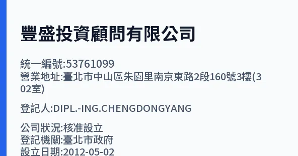 豐盛投資顧問有限公司的照片-統編 53761099(臺北市) 公司登記資料與營業項目詳細圖表